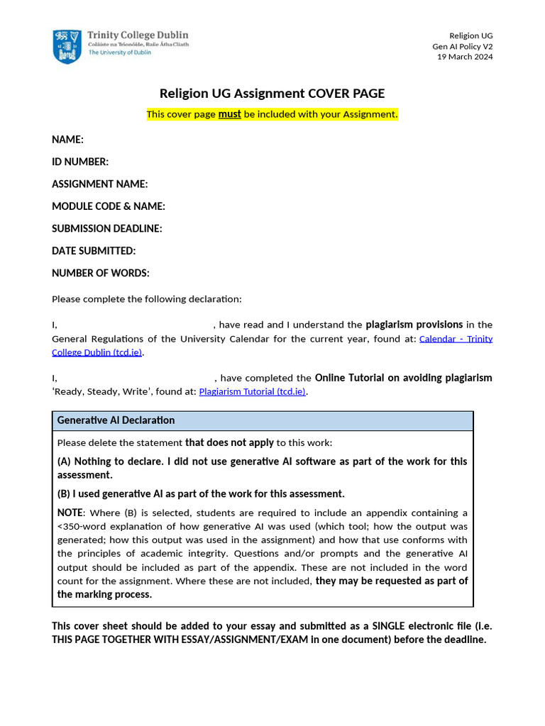 Religion UG Assignment Cover Page | PDF