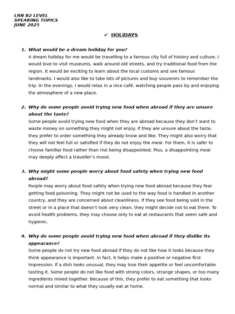 Holidays - LRN B2 Speaking Topic | PDF