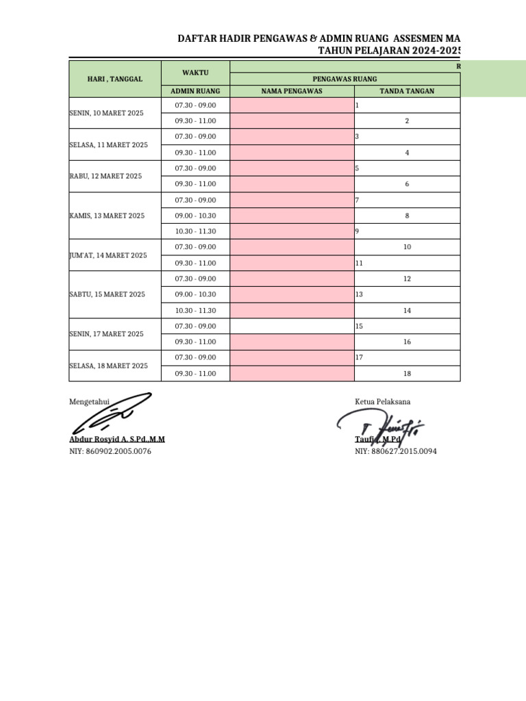 Daftar Hadir Pengawas Am 2025 | PDF