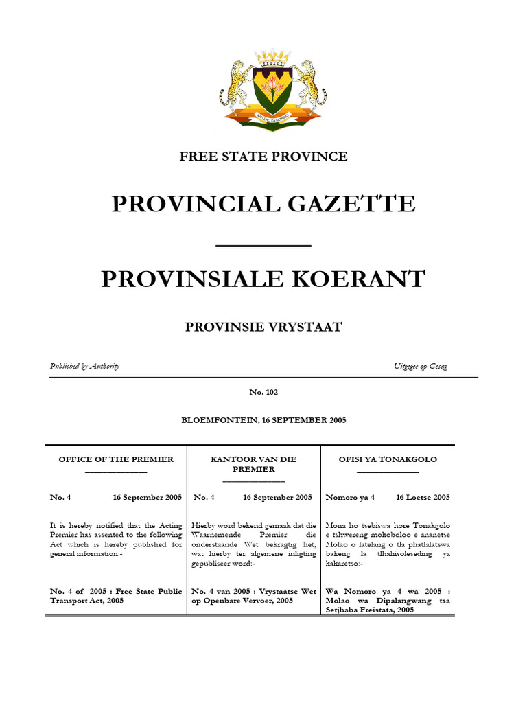 Free State Public Transport Act 2005 | PDF | Public Transport | Transport