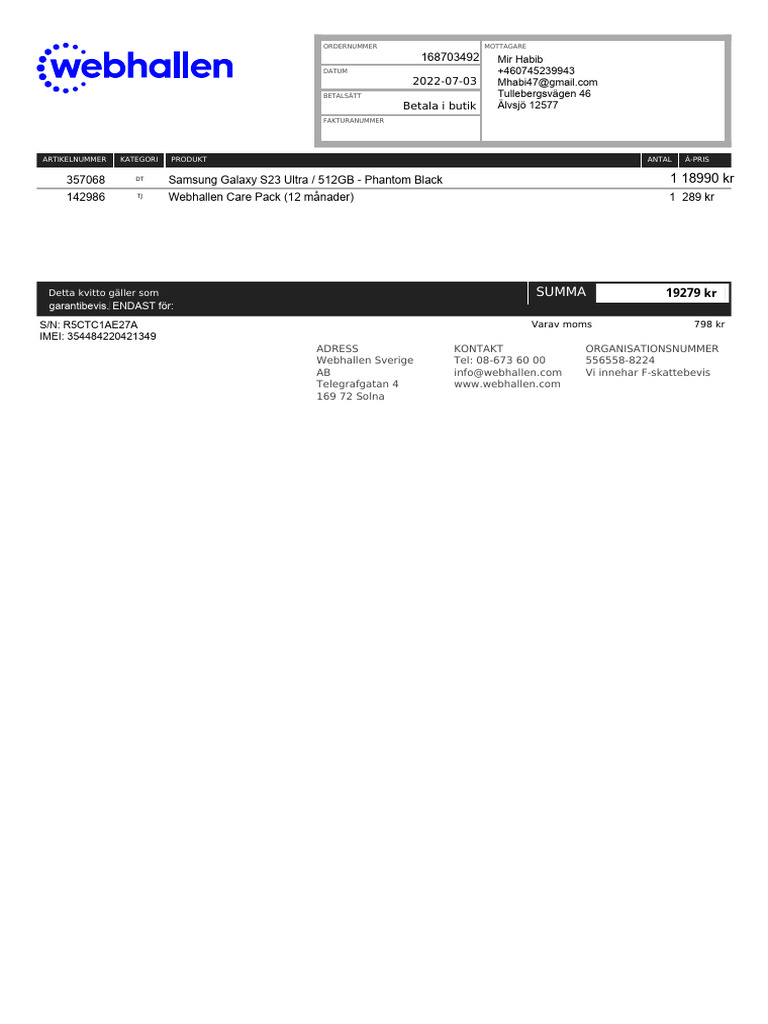 Webhallen Kvitto | PDF