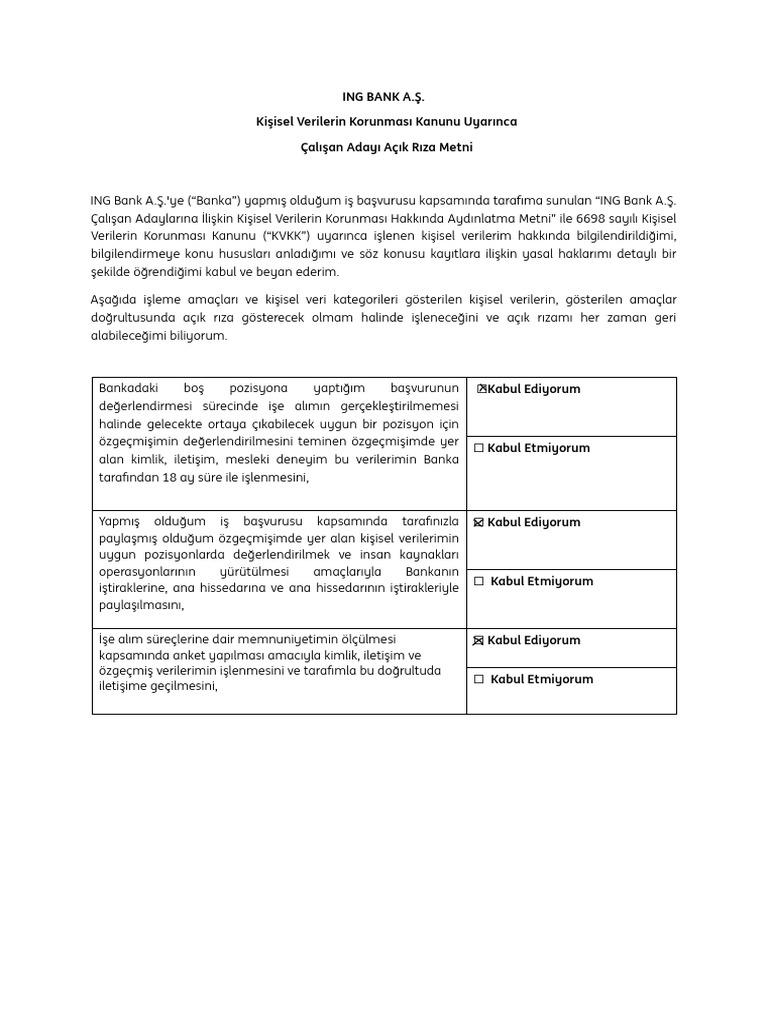 ING Bank - Çalışan Adayı - Açık Rıza Metni | PDF