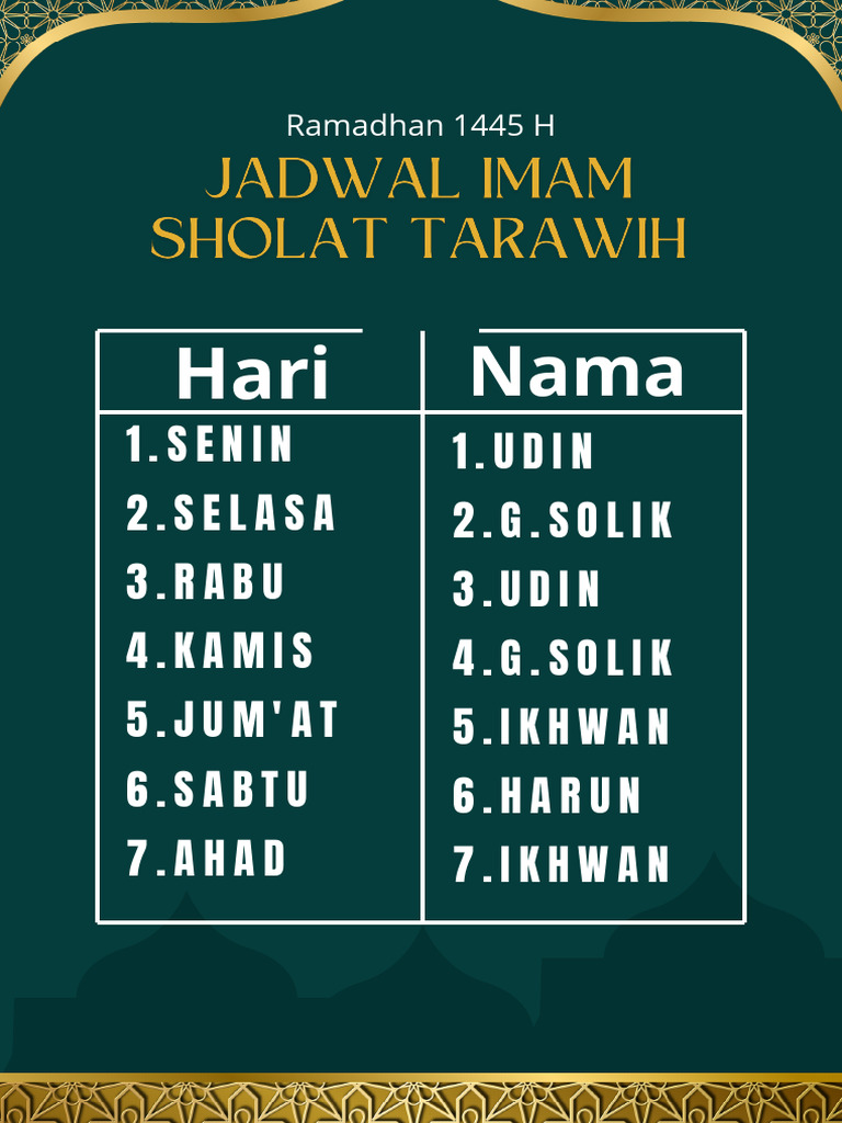 Hijau Dan Emas Ilustratif Jadwal Imam Sholat Tarawih Flyer - 20250226 ...