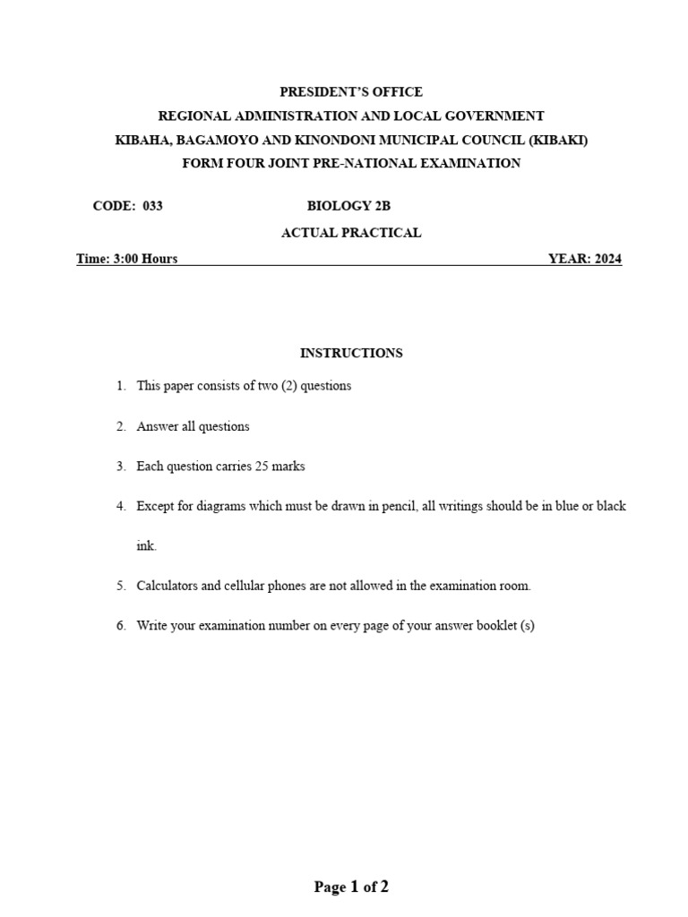 Biology 2B Actual Practical F 4 Kibaki | PDF