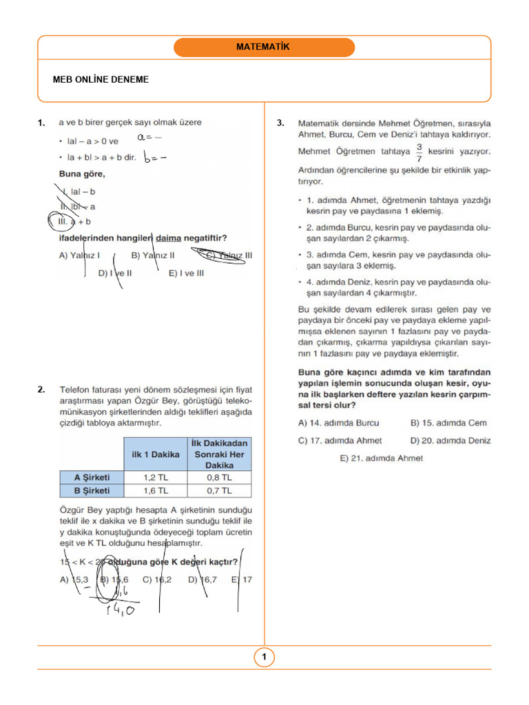 MEB ONLİNE DENEME AYT SAYISAL | PDF