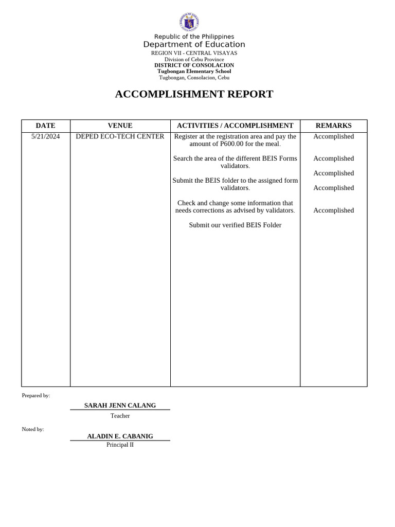 Accomplishment Report EBEIS | PDF
