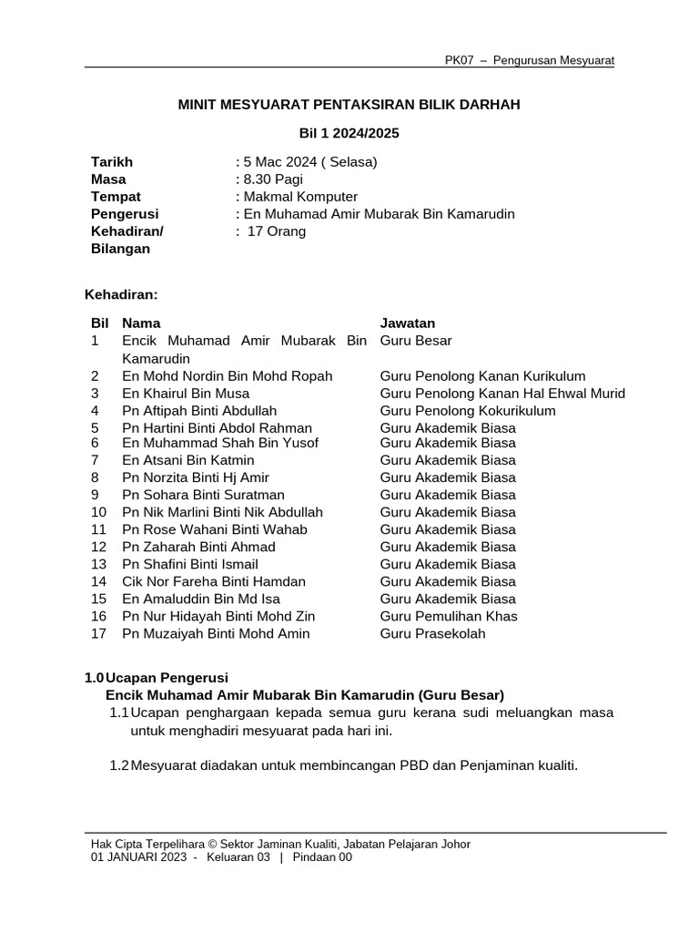Minit MESYUARAT PBD Bil 1 2024 2025 | PDF
