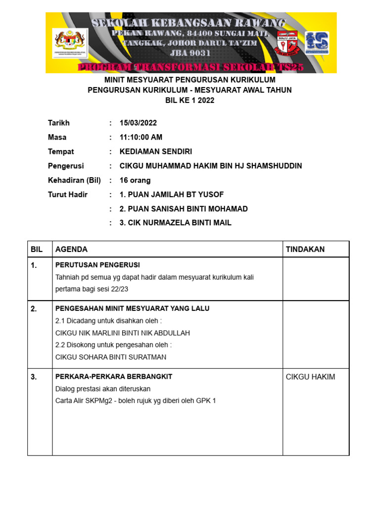 MINIT_MESYUARAT_PENGURUSAN_KURIKULUM_MESYUARAT_AWAL_TAHUN_BIL_1 | PDF