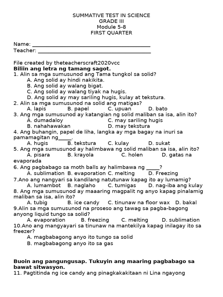 Summative Test in Science | PDF