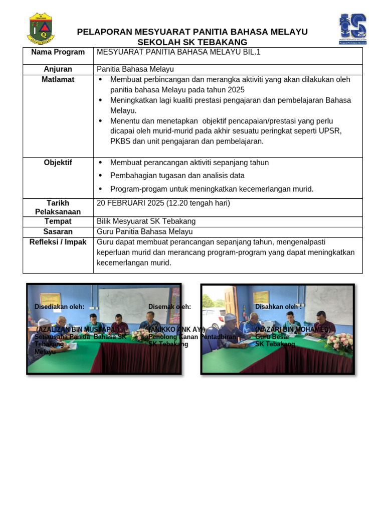 Laporan One Page Program Mesyuarat Panitia BM 2025 Bil.1 | PDF