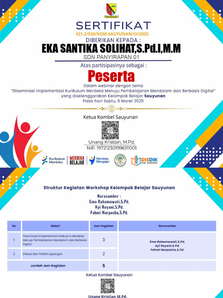 Sertifikat EKA SANTIKA SOLIHAT,S.pd.I,M.M Peserta Webinar Diseminasi ...