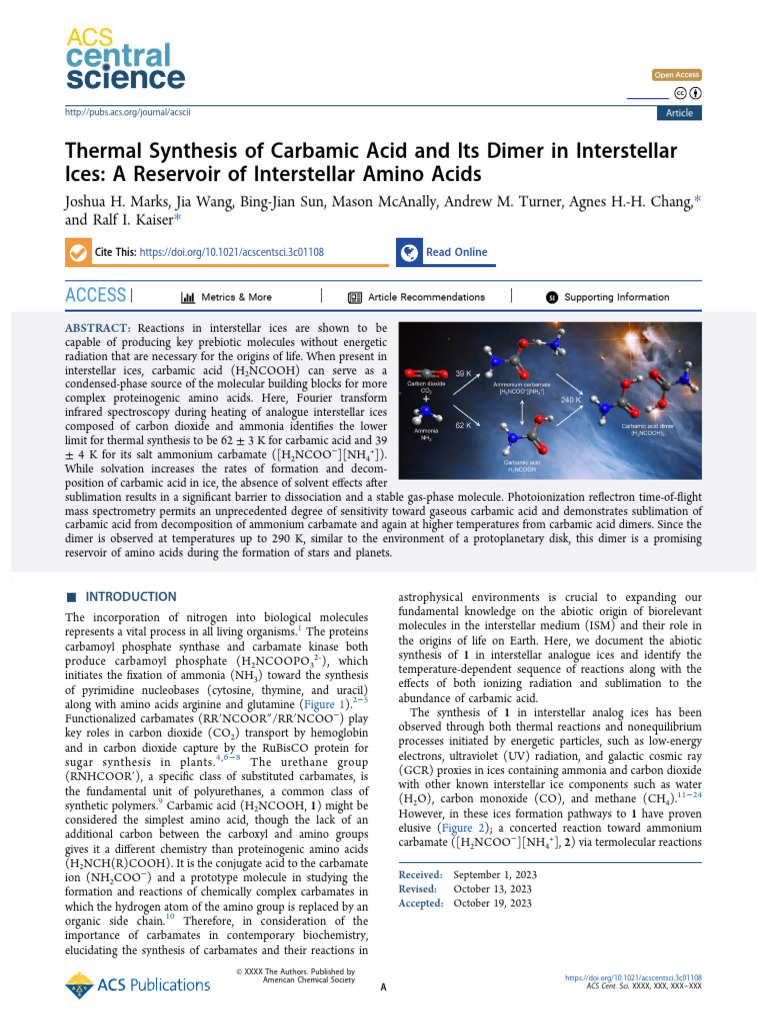 Marks Et Al 2023 Thermal Synthesis of Carbamic Acid and Its Dimer in Interstellar Ices A ...