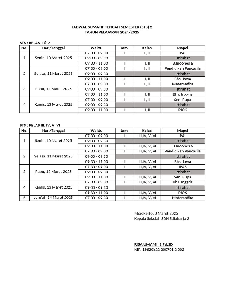 Jadwal STS Semester 2 Tahun 2025 | PDF