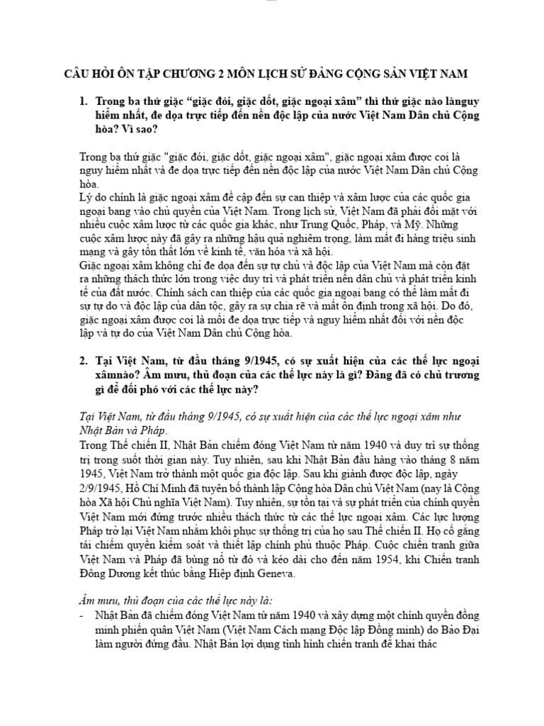 Cau Hoi On Tap Chuong 2 Mon Lich Su Dang Cong San Viet Nam Truong Dai 130965 | PDF