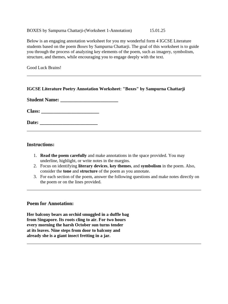 BOXES by Sampurna Chattarji Worksheet 1 | PDF | Poetry