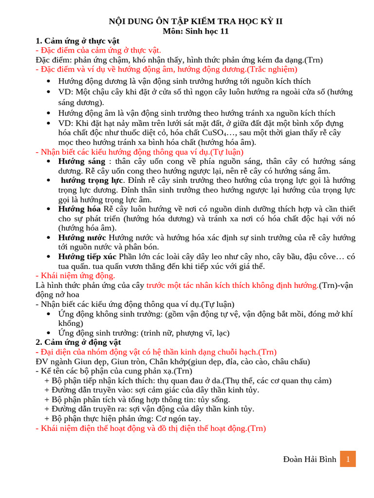 Đề Cương Sinh 11 HKII | PDF