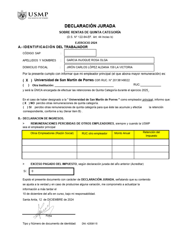 Formato Decl. Jurada Rentas - 5ta - Cat - Usmp - 2024 Rosa Olga Garcia Injoque | PDF