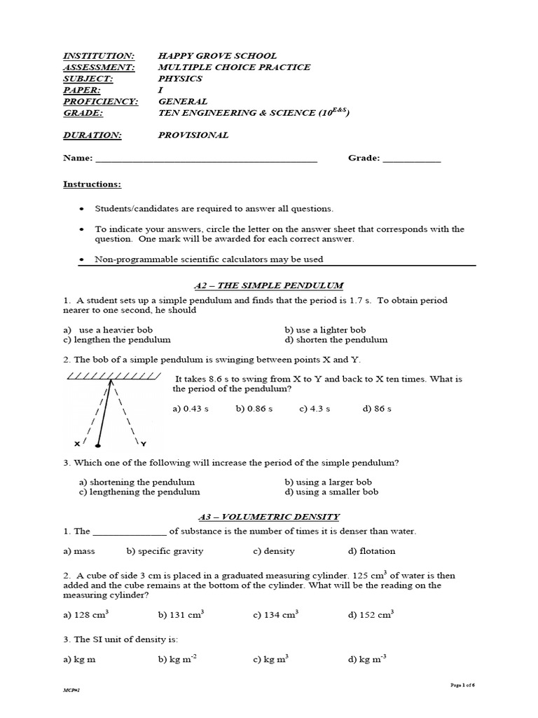 Physics Multiple Choice Practice Paper | PDF | Force | Acceleration
