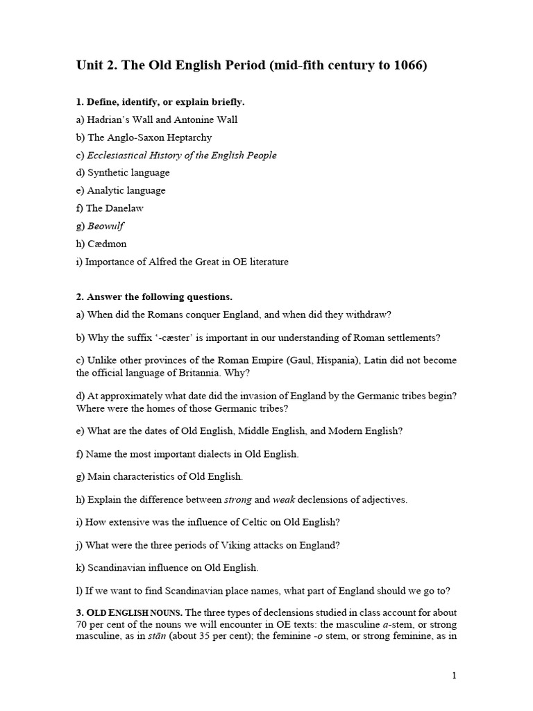 Old English Period Overview and Key Concepts | PDF | Grammatical Gender ...