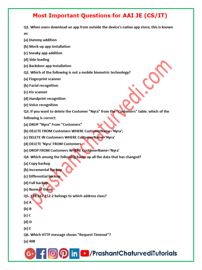AAI JE (CS/IT) Exam Key Questions | PDF | Ip Address | Computer Network