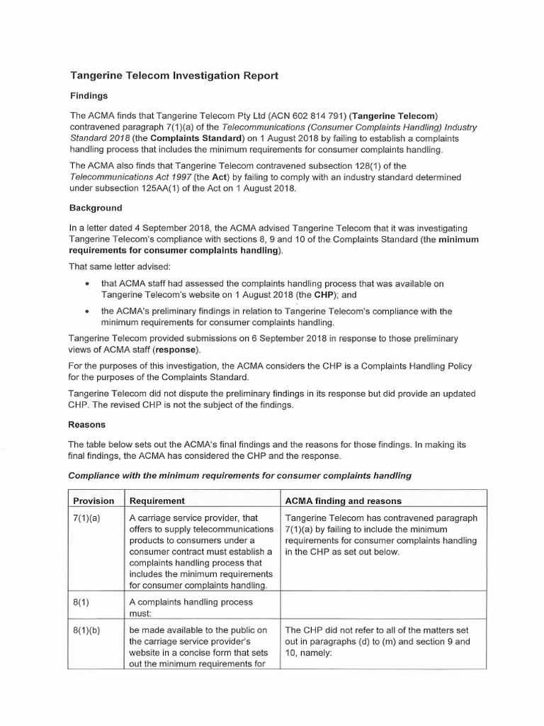 Tangerine Telecom Pty Ltd - Telecomms investigation reports | PDF | Justice | Crime & Violence