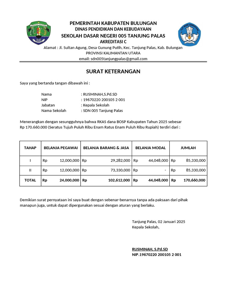 Upload Rkas Bosp 2025 SDN 005 Tanjung Palas | PDF