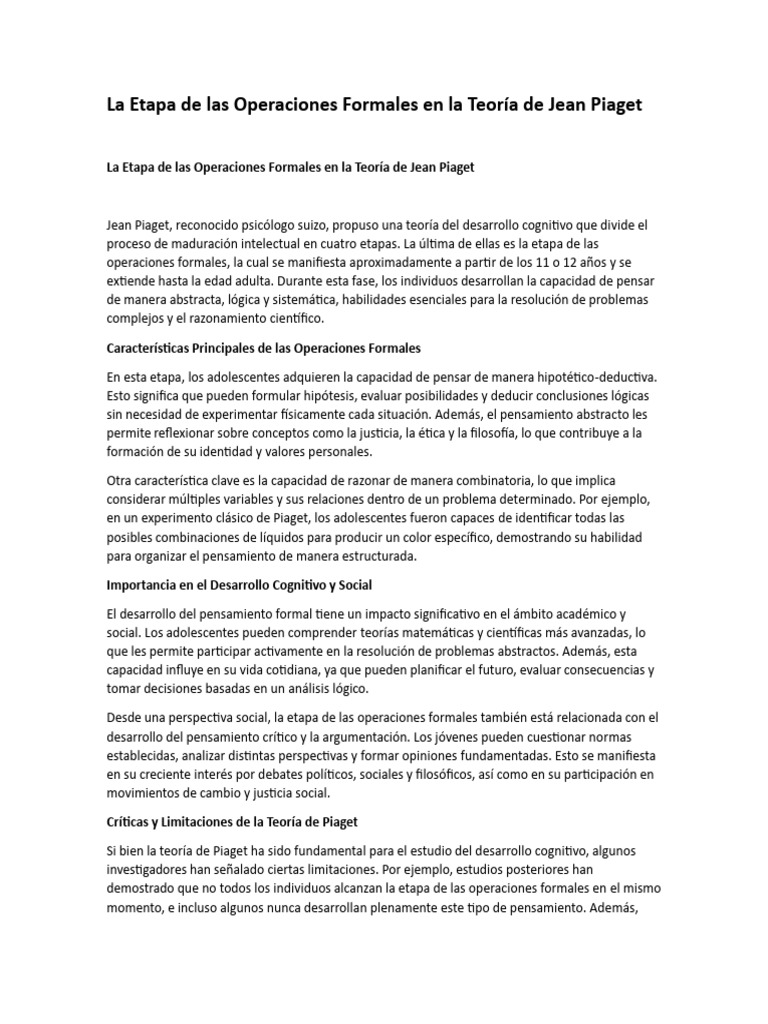 La Etapa de Las Operaciones Formales en La Teoría de Jean Piaget | PDF ...