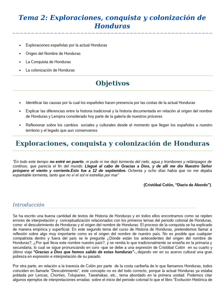 Tema 2 Exploraciones, Conquista y Colonización de Honduras | PDF | Honduras | Cristobal colon