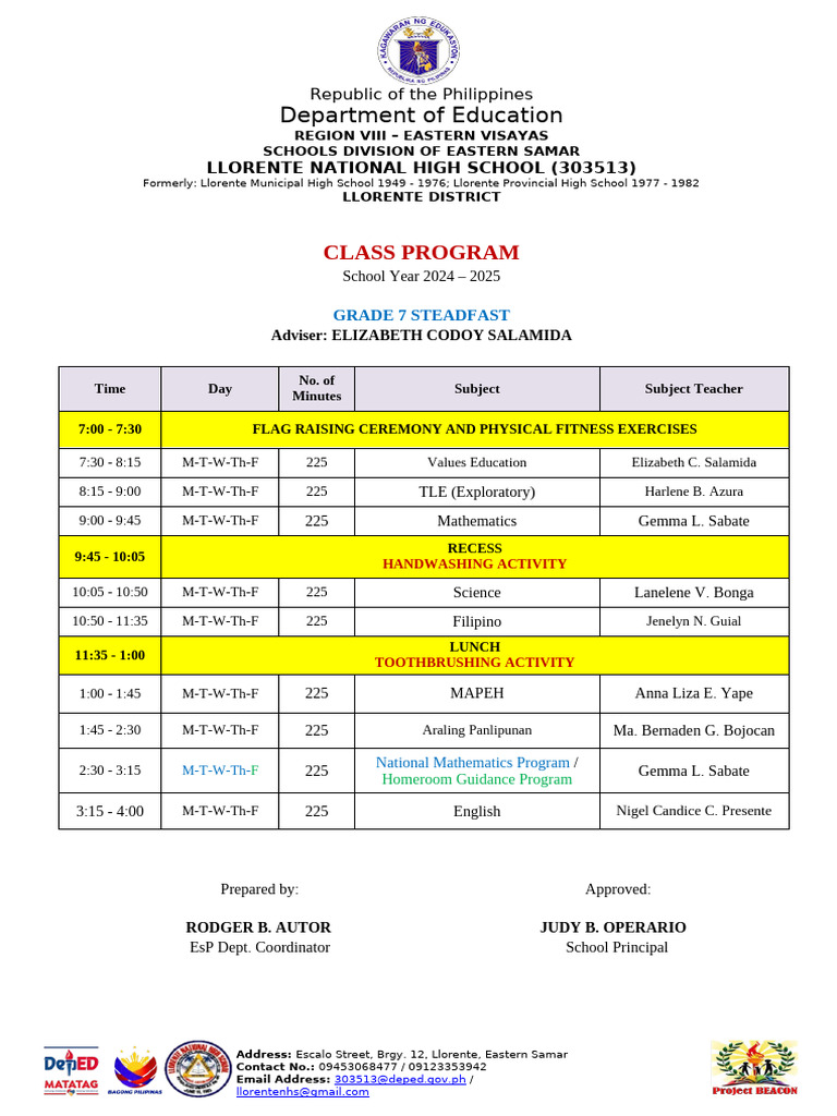 Class Program Teachers Program Template | PDF