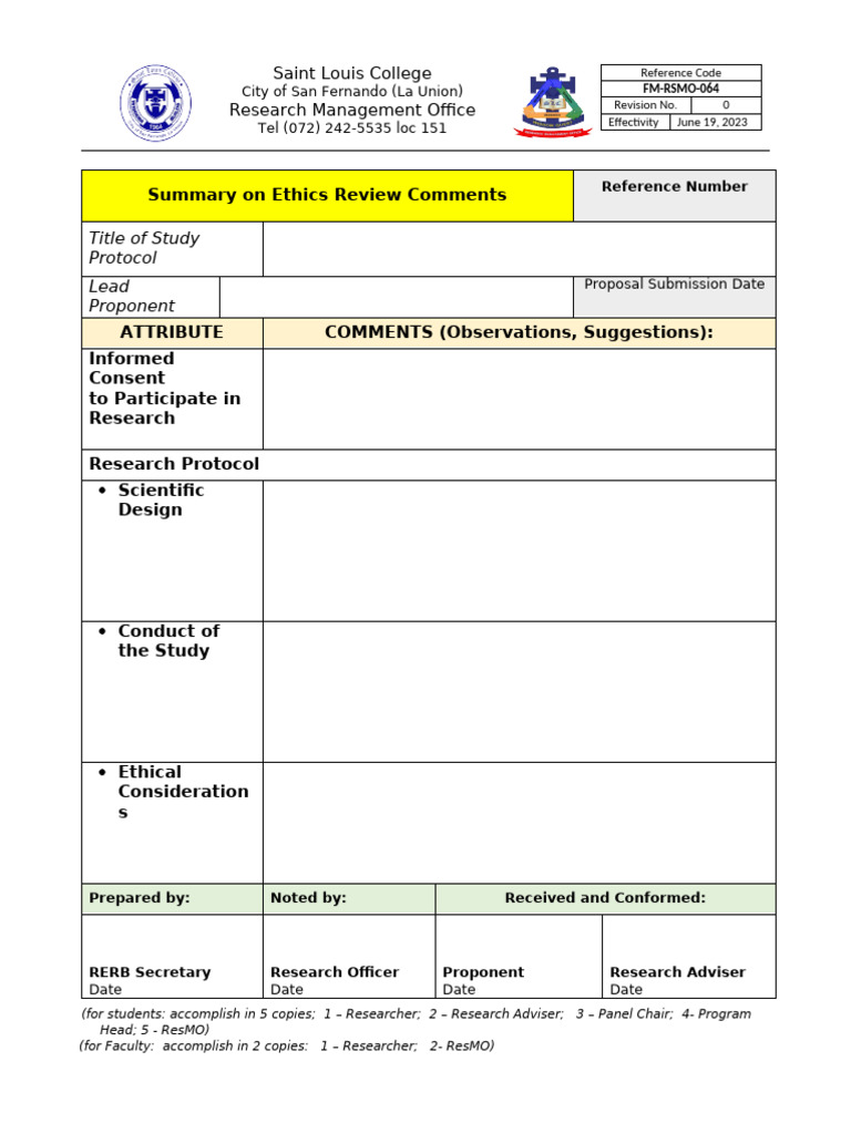 FM 064 Summary On Ethics Review Comments | PDF