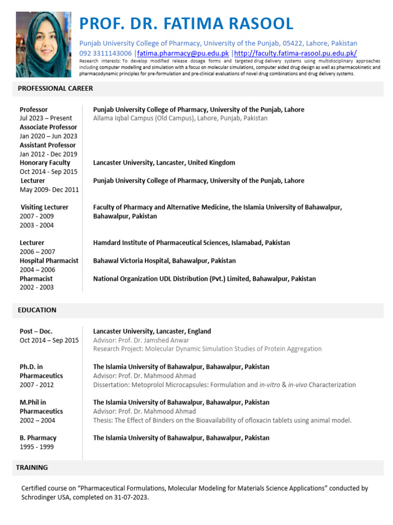 Resume - Prof DR Fatima Rasool26091 | PDF | Pharmacy | Pharmaceutical Sciences