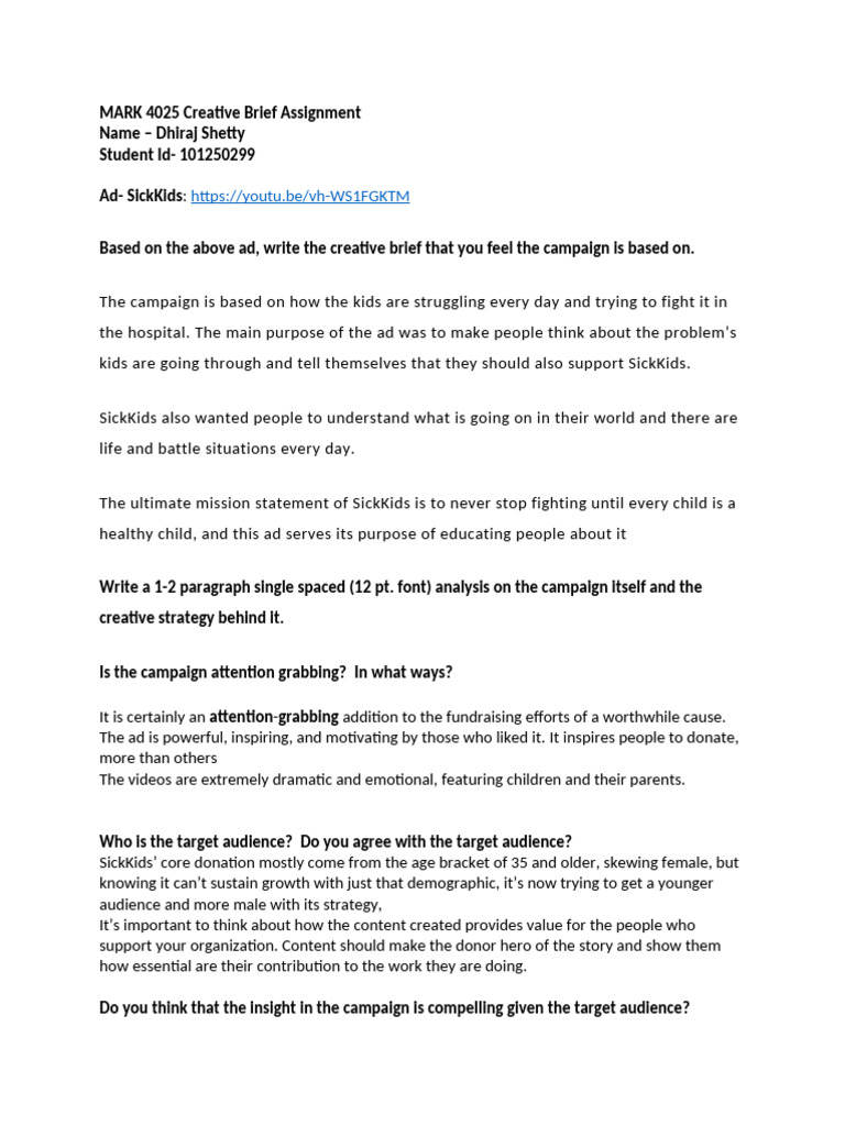 SickKids Campaign Creative Brief Analysis | PDF | Human Communication