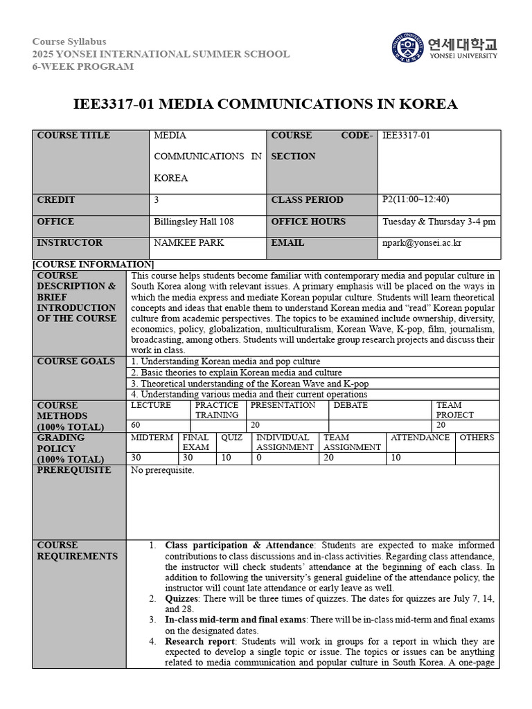 2025 Yiss 6W Iee3317-01 Media Communications in Korea Namkee Park P2 | PDF | Human Communication ...