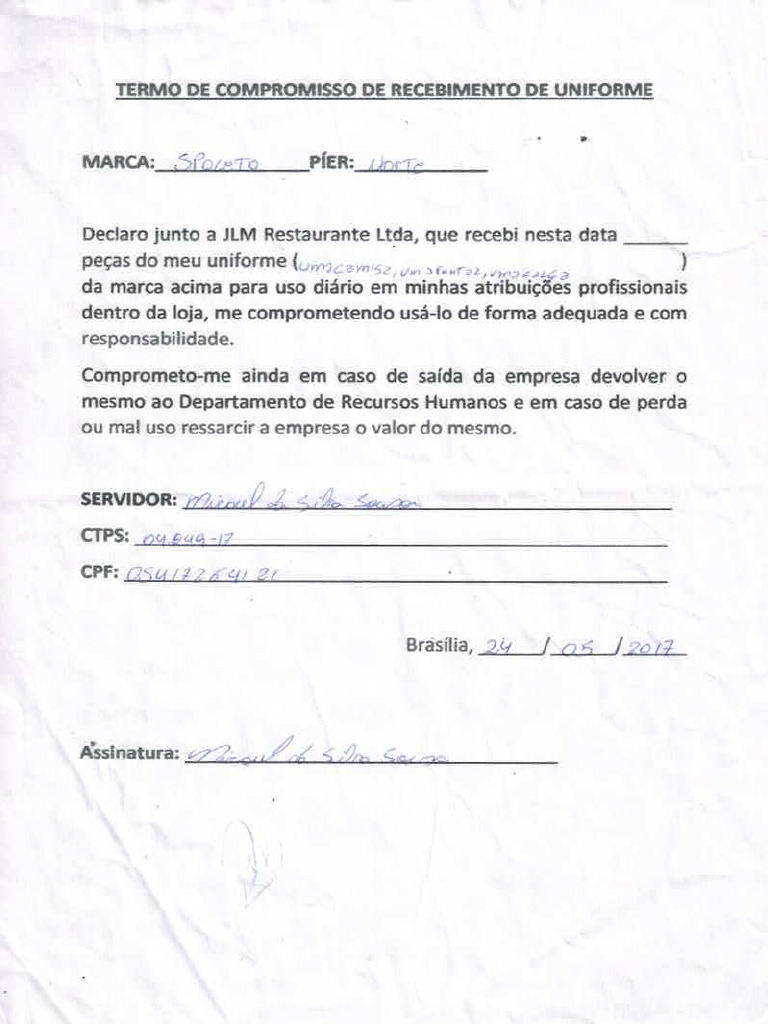 Termo de Recebimento de Uniforme | PDF