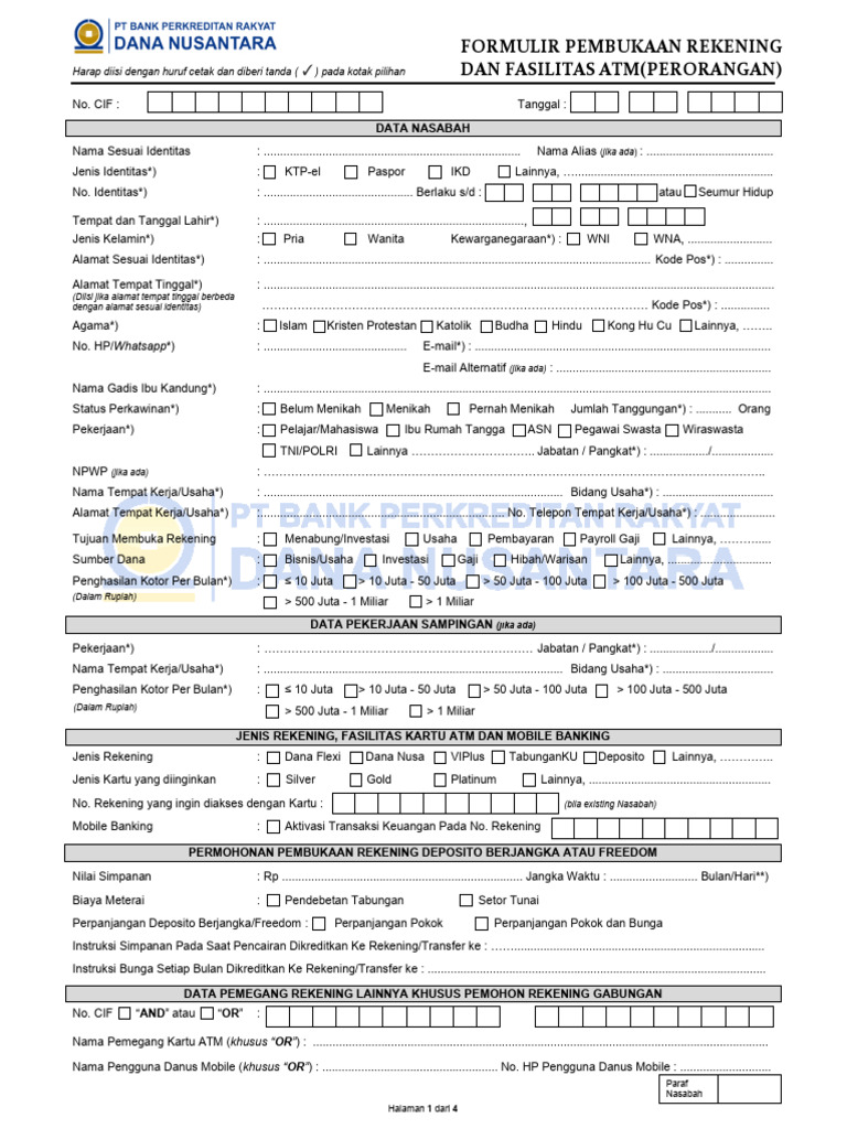 Formulir Pembukaan Rekening Tabungan Deposito Dan Fasilitas ATM Perorangan | PDF