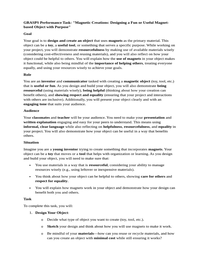 GRASPS Performance Task - Q3 - Science-Englis-GMRC | PDF | Toys | Magnet