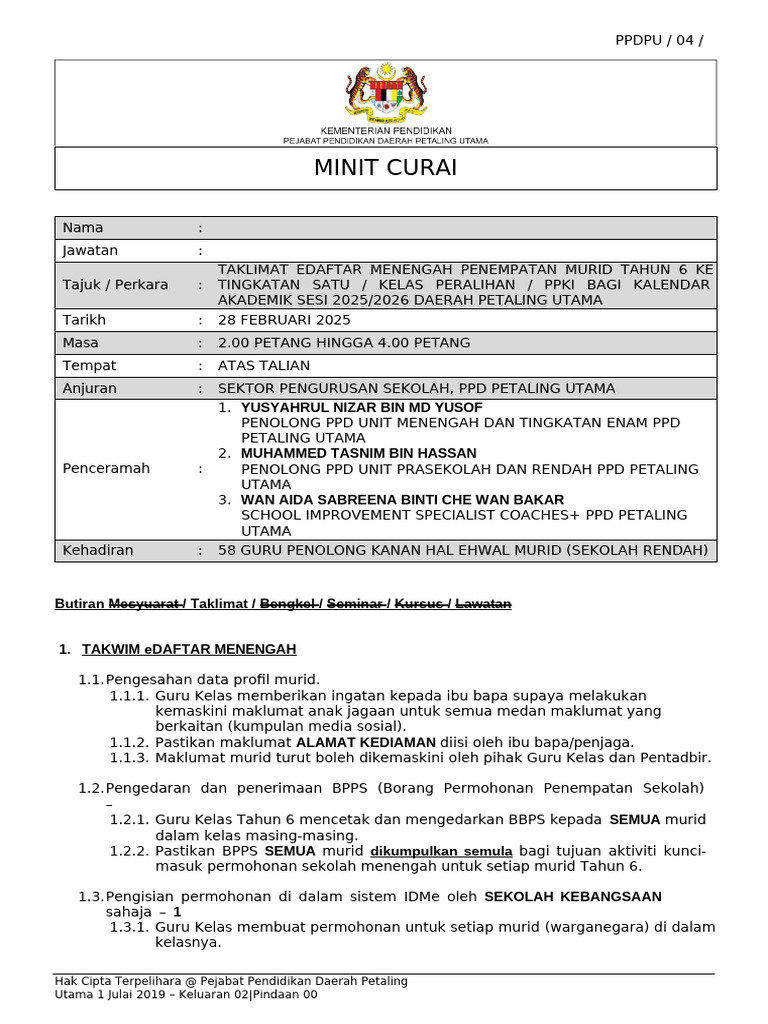 MINIT CURAI BENGKEL EDAFTAR MENENGAH PPD PETALING UTAMA 2024 | PDF