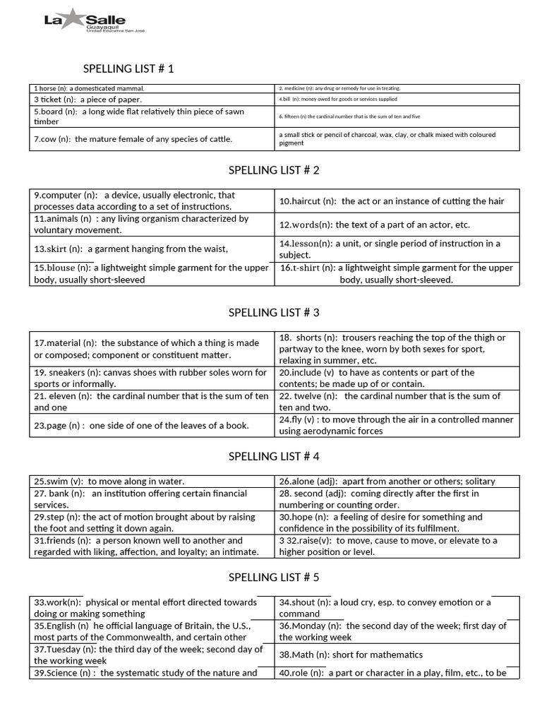 Spelling List For 3rd A-B | PDF | Foods | Onion