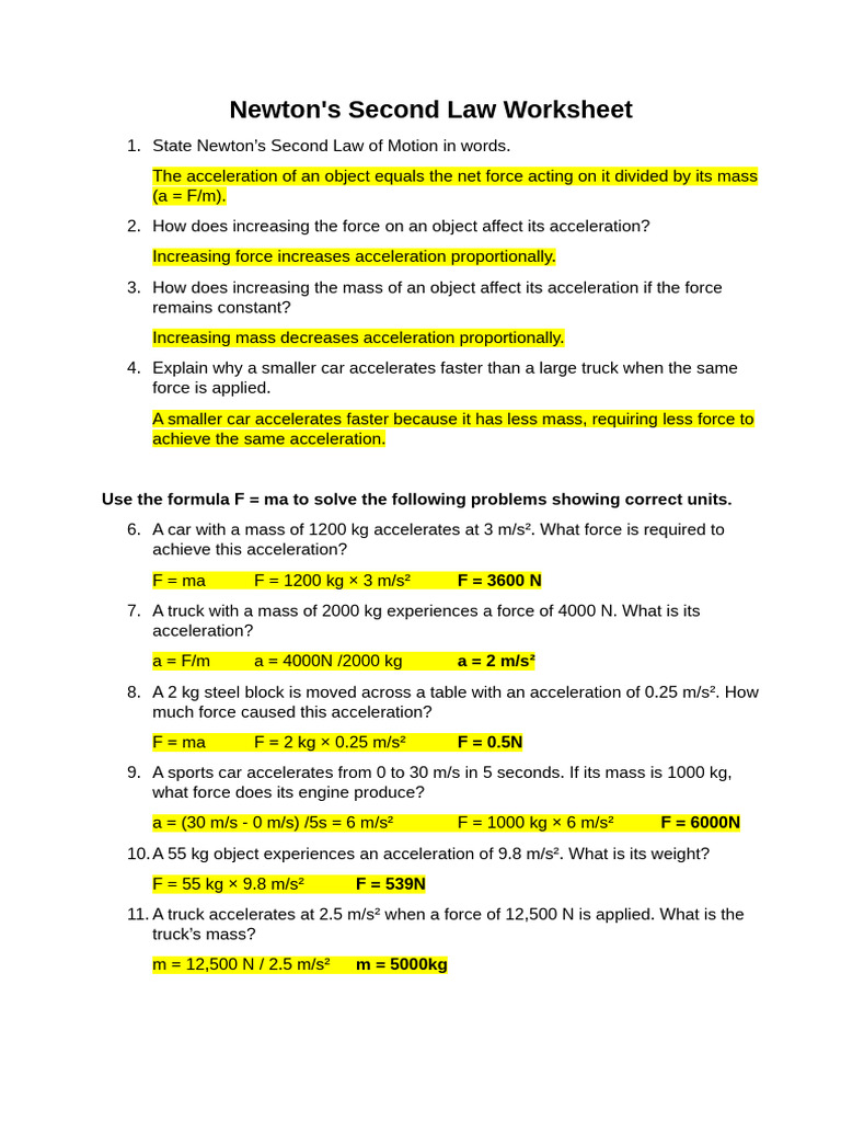 Newton's Second Law Worksheet Answers | PDF