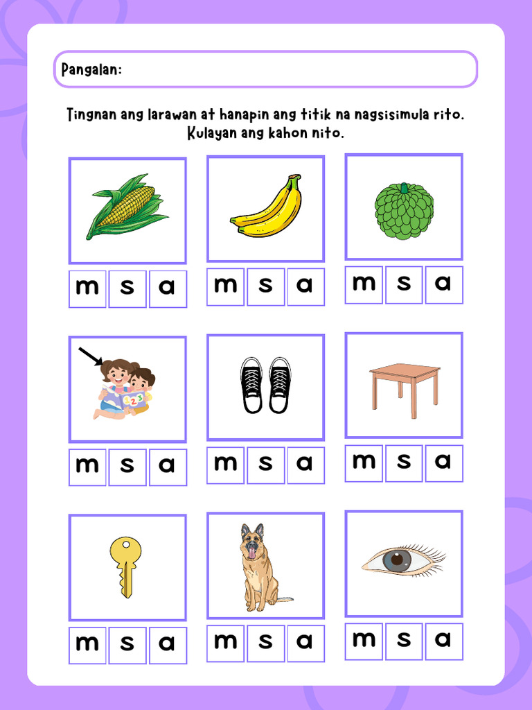 Purple Letter MM Ss Aa Filipino Worksheet | PDF