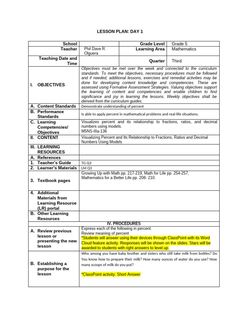 MATH G5 - Day 1 | PDF | Ratio | Learning