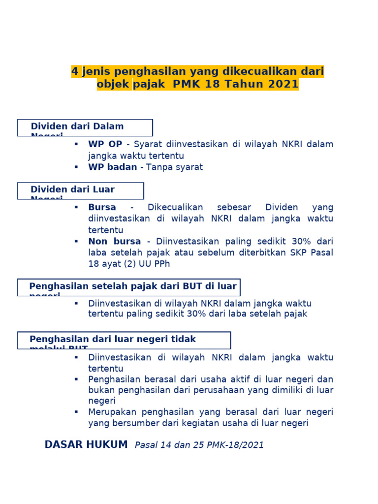 4 jenis penghasilan yang dikecualikan dari objek pajak PMK 18 Tahun 2021 - E-CLASS | PDF