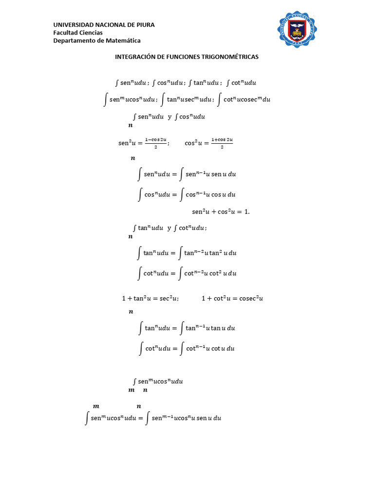 Integraciòn de Funciones Trigonométricas | PDF | Integral | Funciones trigonométricas