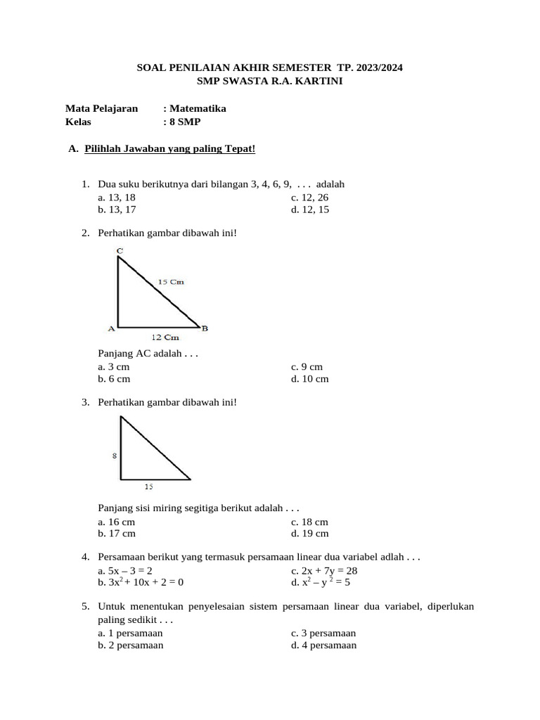 SOAL PAS KELAS 8 MATEMATIKA | PDF