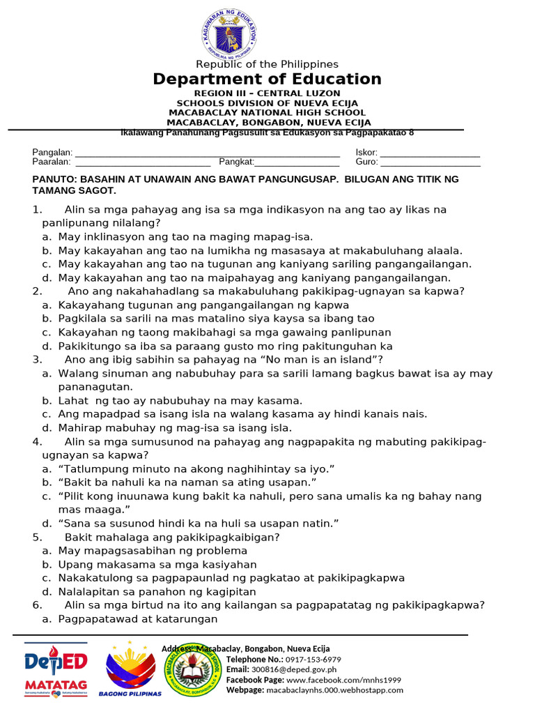 2nd Quarter Exam Esp | PDF