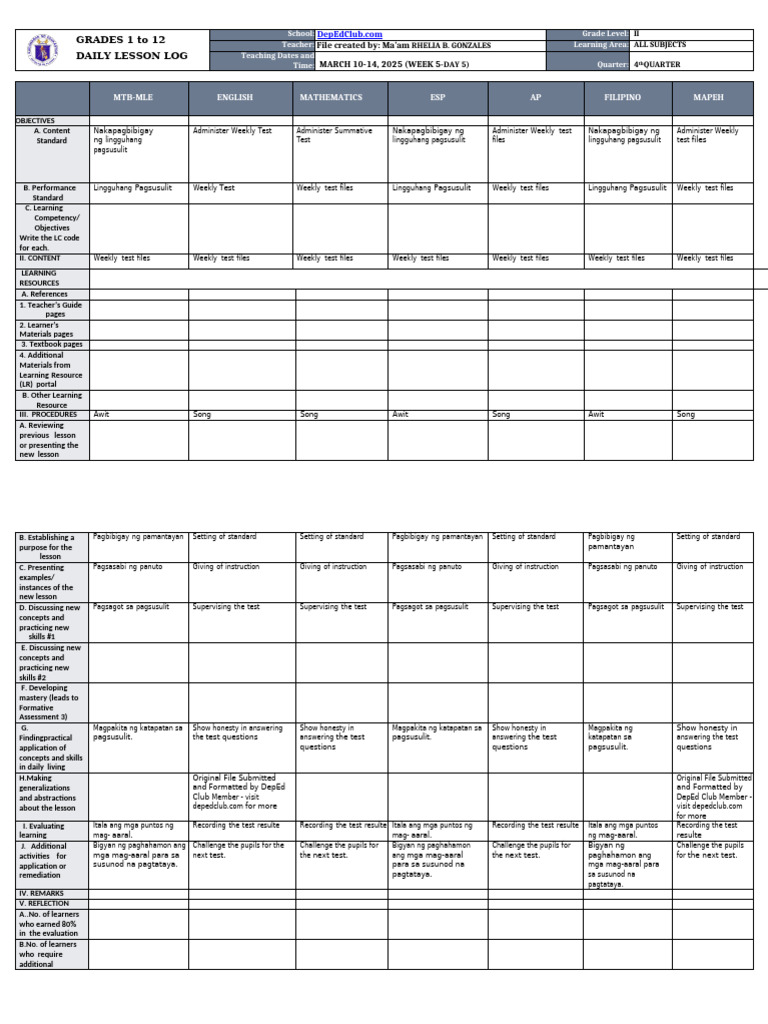 DLL - All Subjects 2 - Q4 - W5 - D5 | PDF | Behavior Modification | Cognition