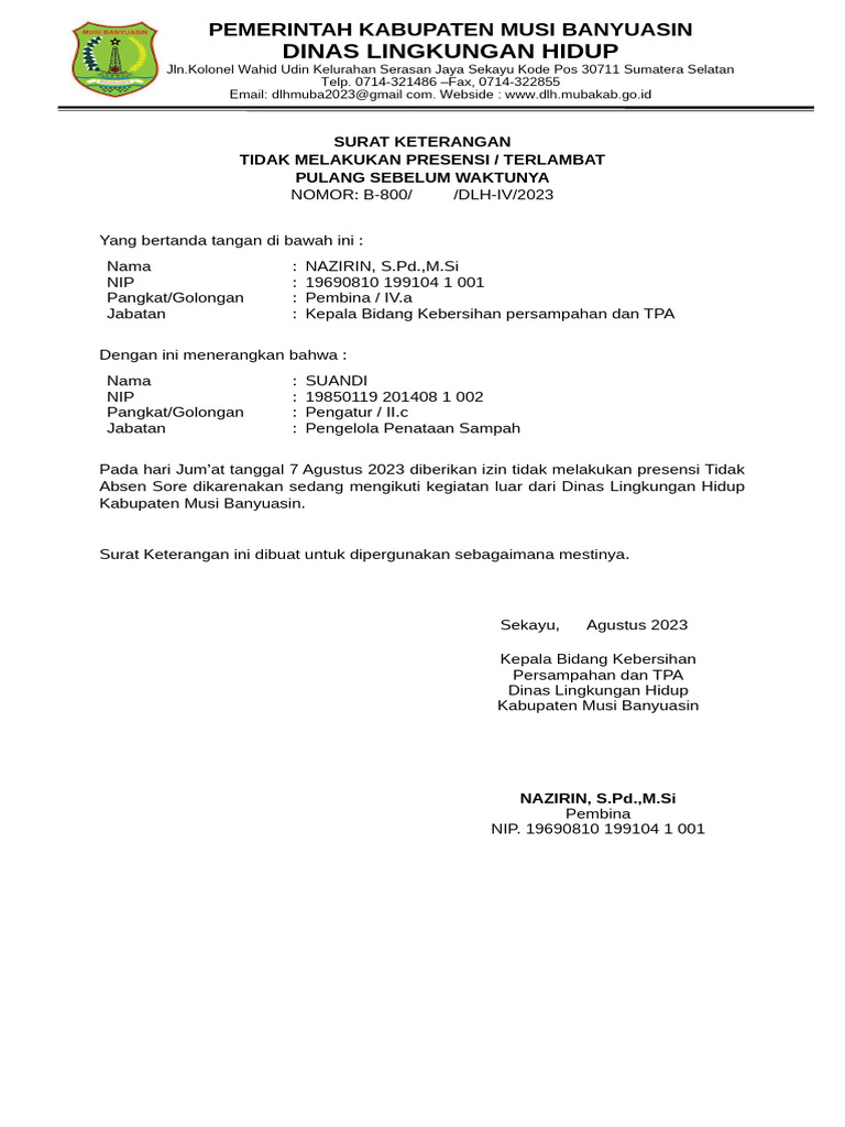 Surat Keterangan Izin Absen Dinas LH | PDF