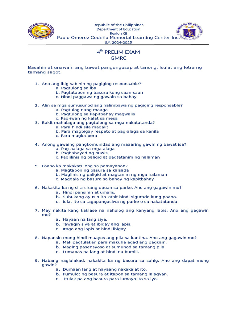 Grade 1 4TH Prelim Exam | PDF