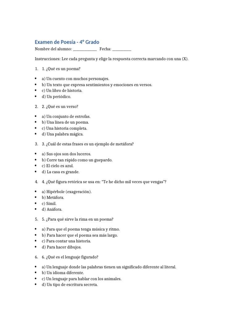 Examen Poesía 4to Grado | PDF