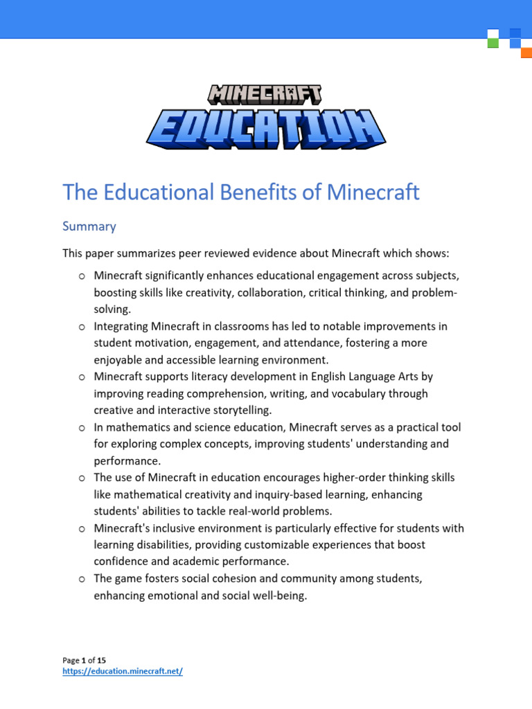 Minecraft Educational Benefits Whitepaper | PDF | Creativity | Motivation